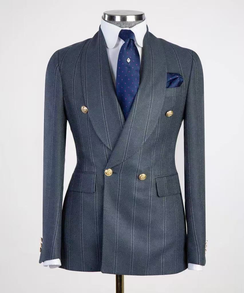 Italian 2-Piece Graphite Steel Pinstripe Double-Breasted Suit with Luxe ...