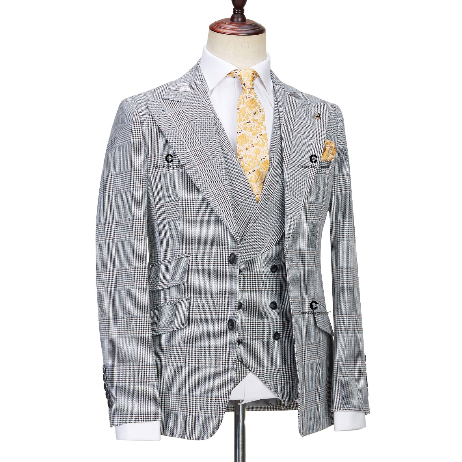 CDG High-Quality 3-Piece Windsor Classic Light Gray Plaid Double ...