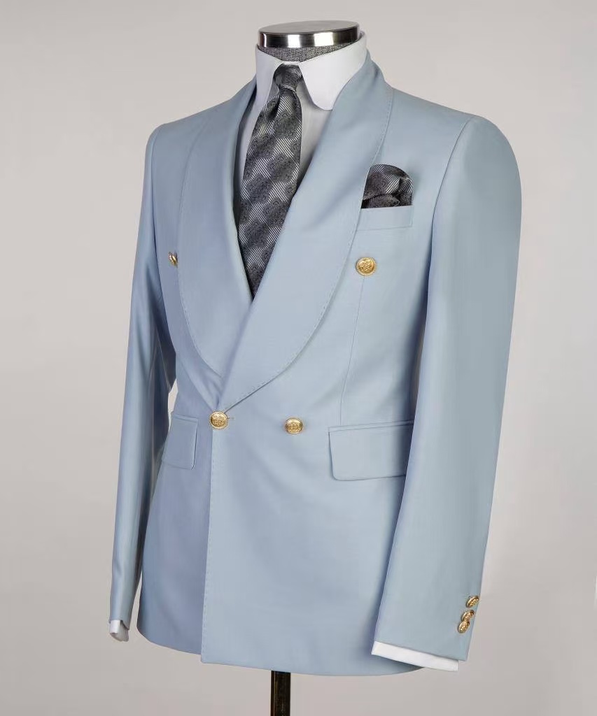Trendy Parisian Élan Sky Blue Royale 2-Piece Double-Breasted Suit with ...