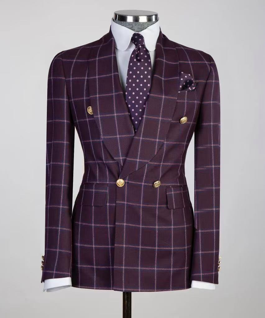 Italian 2-Piece Oxford Elite Plum Grid Double-Breasted Suit | Model ...