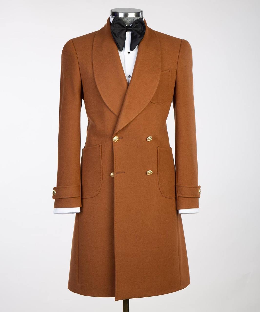 American Lexington Stylish Brown Double-Breasted Wool Overcoat with Gold Button Detailing – A ...