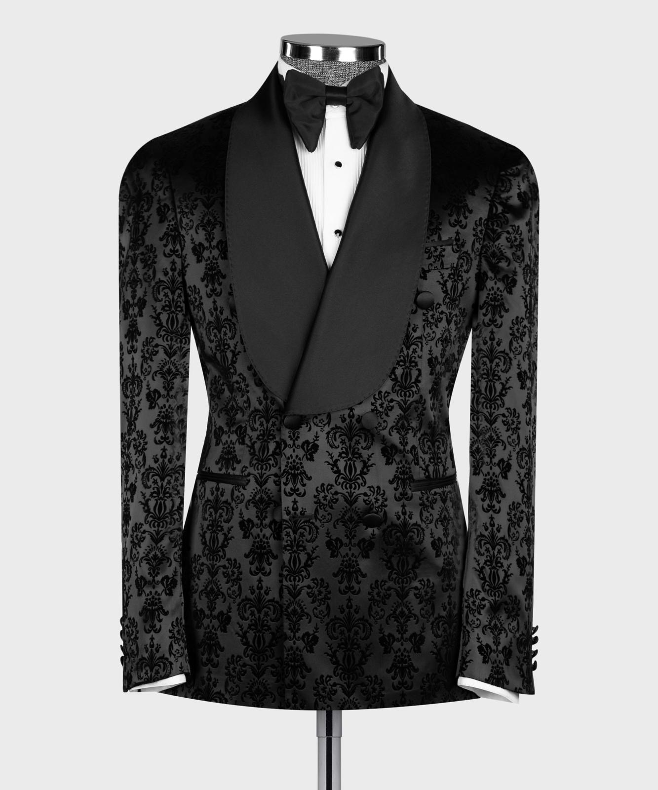 2025 Velvet Eclipse 2-Piece Double Breasted Black Damask Velvet Texture ...