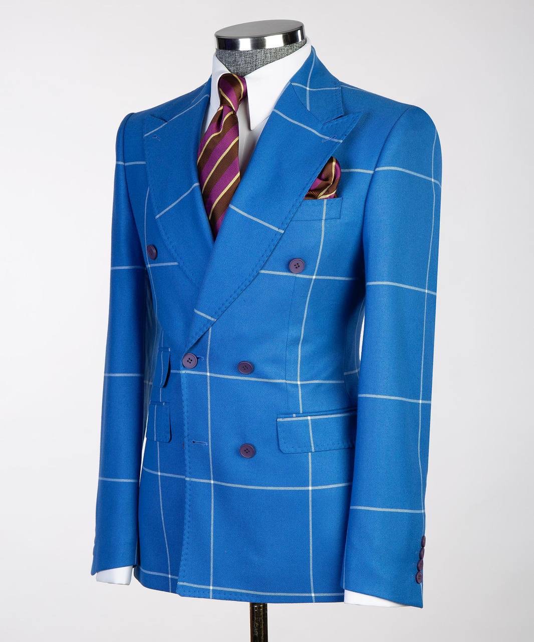 Italian 2-Piece Azure Monarch Royal Blue Grid Double-Breasted Suit ...