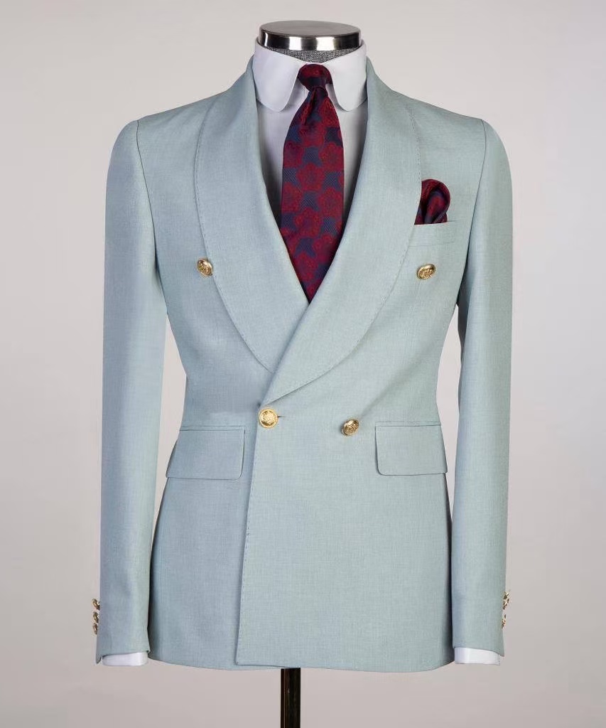 Trendy Parisian Élan Light Blue Gray Royale 2-Piece Double-Breasted ...