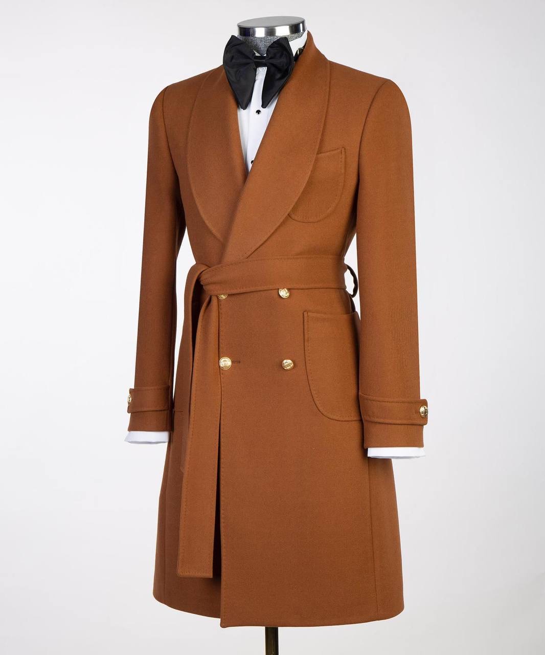 American Lexington Stylish Brown Double-Breasted Wool Overcoat with Gold Button Detailing – A ...