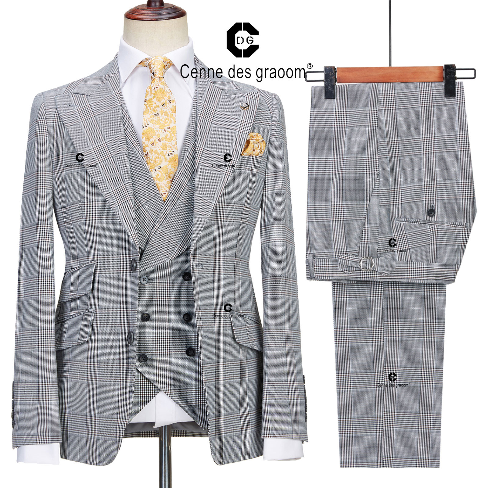CDG High-Quality 3-Piece Windsor Classic Light Gray Plaid Double ...