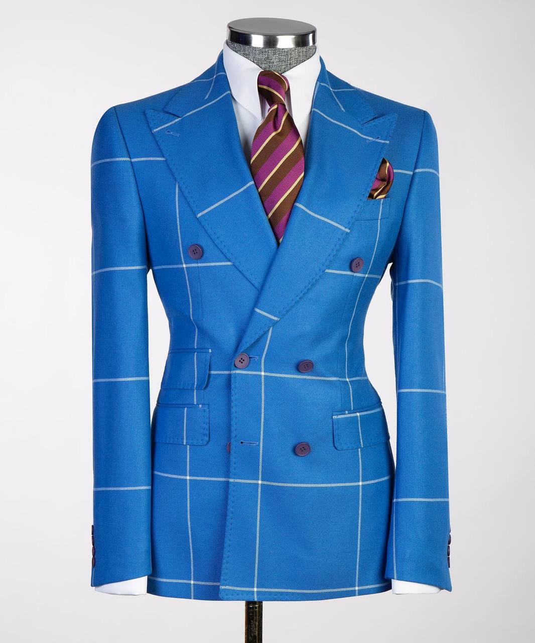 Italian 2-Piece Azure Monarch Royal Blue Grid Double-Breasted Suit ...