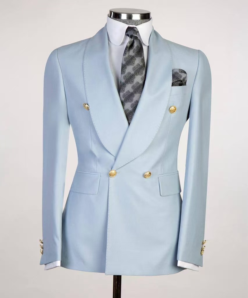 Trendy Parisian Élan Sky Blue Royale 2-Piece Double-Breasted Suit with ...