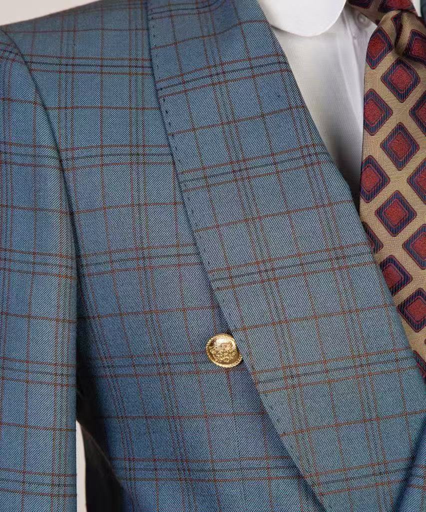 Italian 2-Piece Regal Sky Blue Checkered Double-Breasted Suit | Gold ...