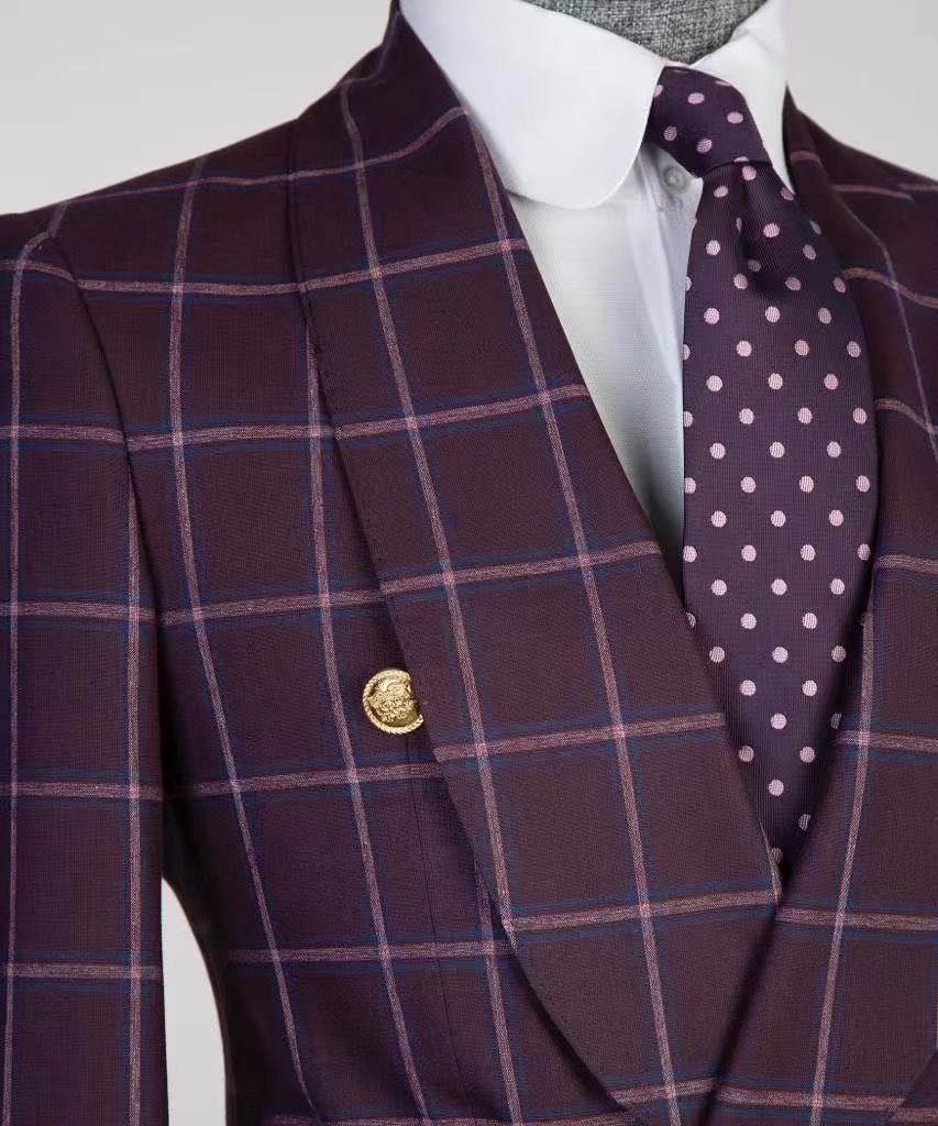 Italian 2-Piece Oxford Elite Plum Grid Double-Breasted Suit | Model ...