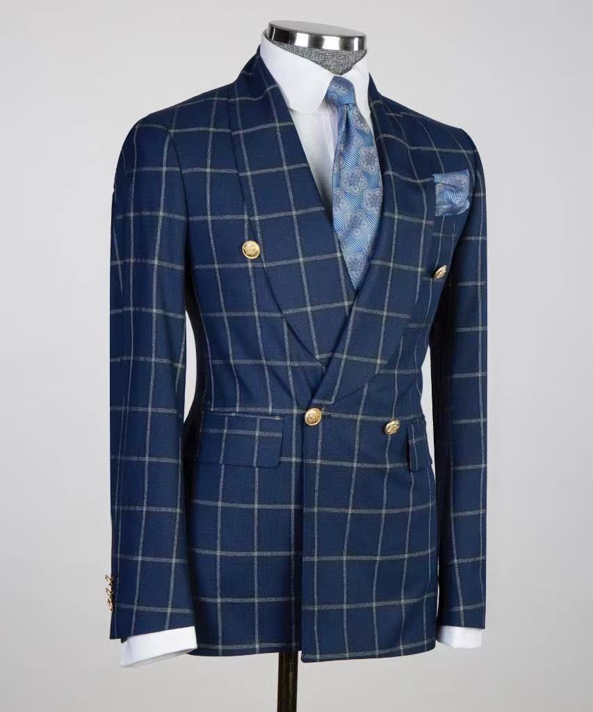 Italian 2-Piece Imperial Midnight Blue Windowpane Double-Breasted Suit with Gold Crest Buttons ...